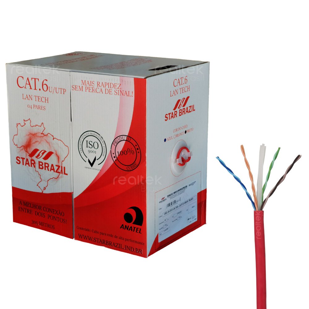 Cabo de Rede CAT6 23AWG CM 100% Cobre, Vermelho – 1 Metro – Realtek Brasil